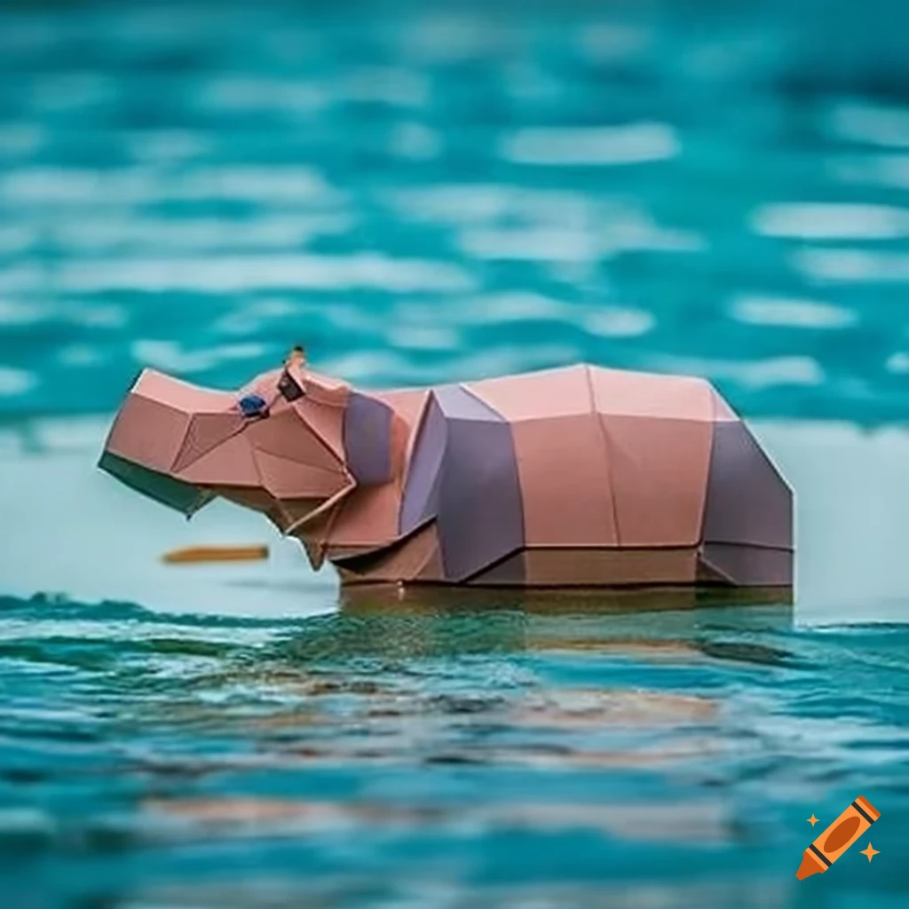 Unique papercraft hippopotamus in a paper lake on Craiyon