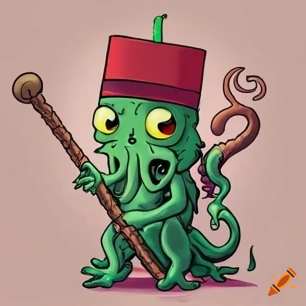Cthulhu in a fez wielding a staff on Craiyon