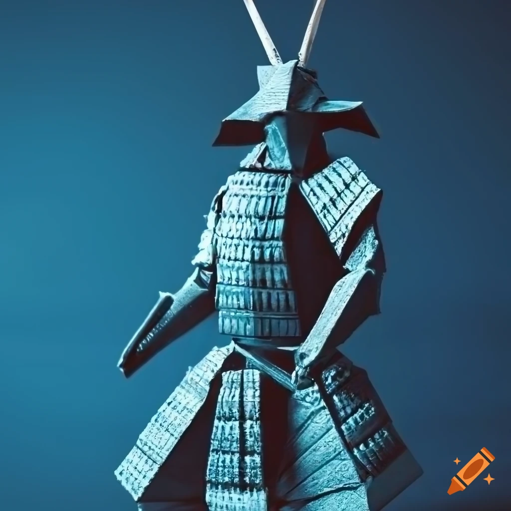 Origami samurai in high poly style on blue wood background on Craiyon