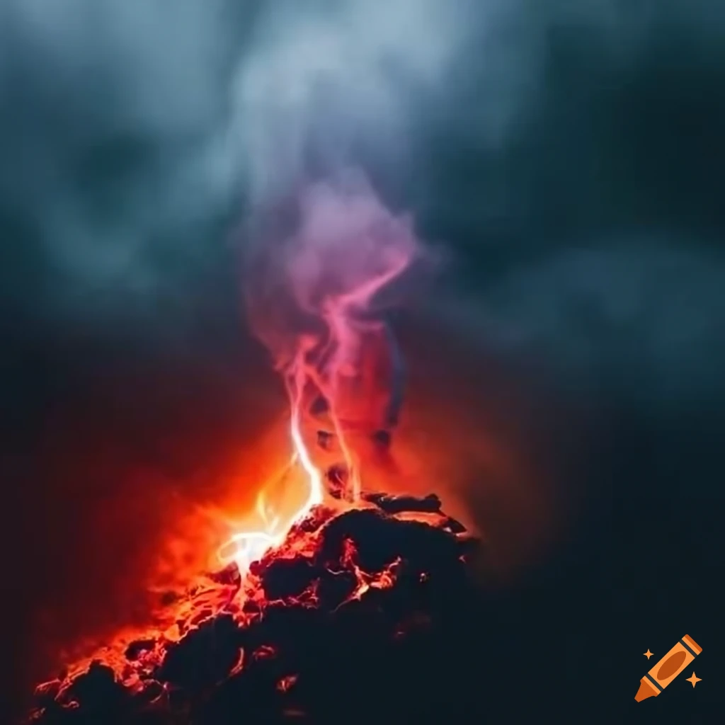 Smoke clouds in a dark abyss with lightning and lava on Craiyon