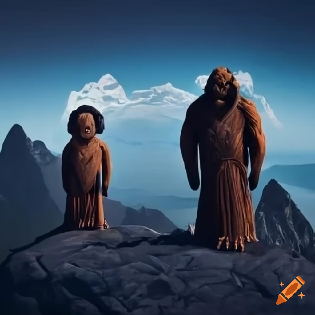 Two giants standing on separate mountains on Craiyon