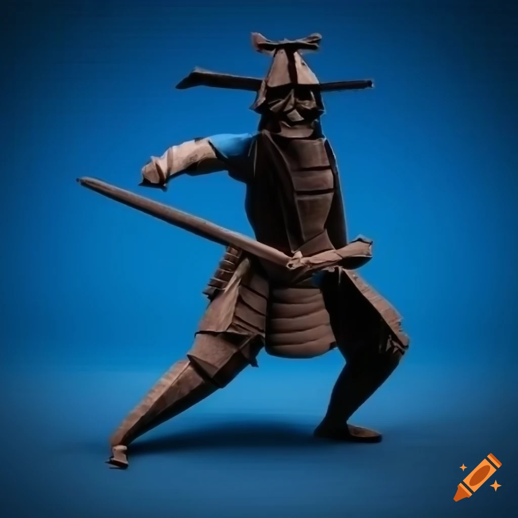 Origami high poly samurai on blue wood background on Craiyon