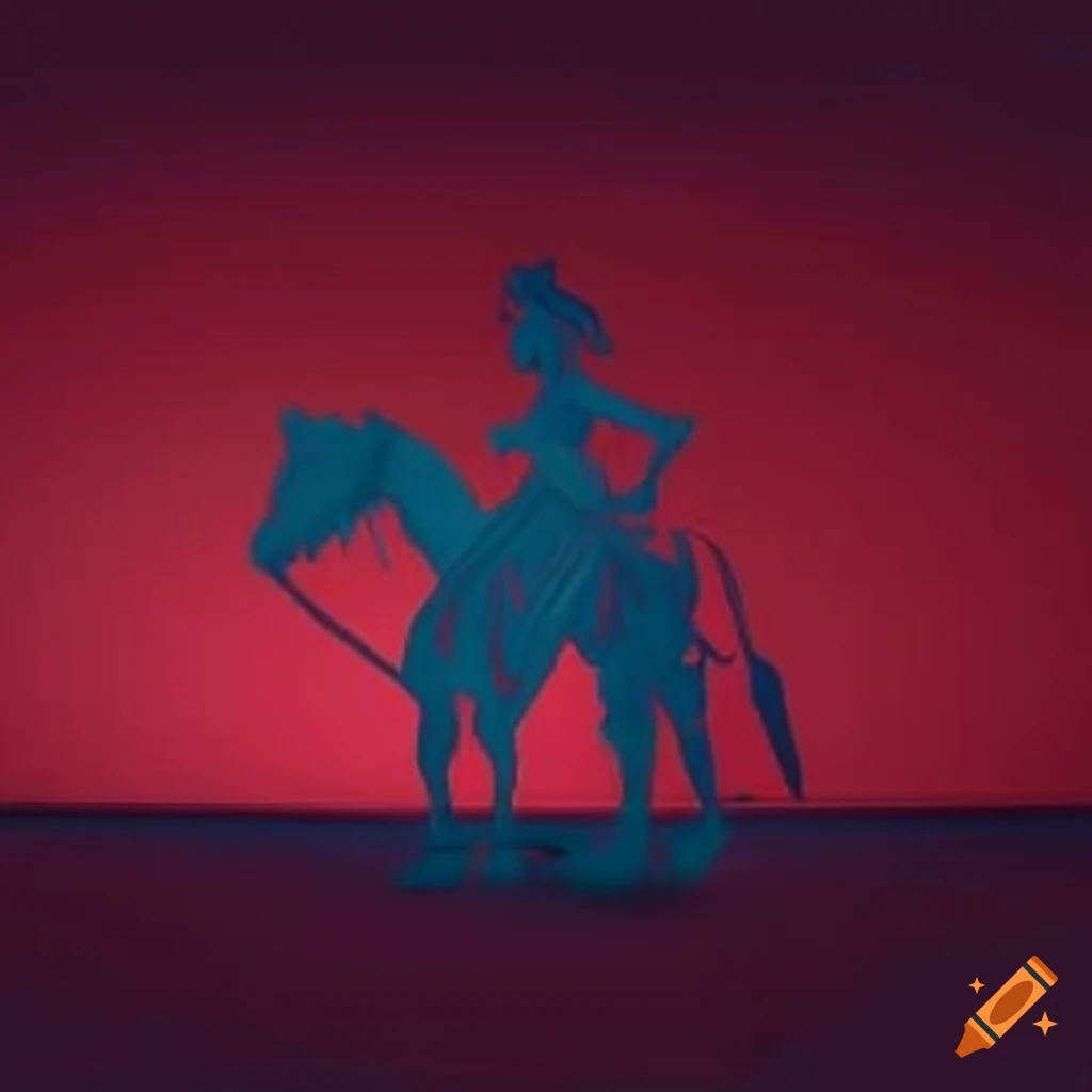 Shadow puppet theater with oriental characters on a blue and crimson ...