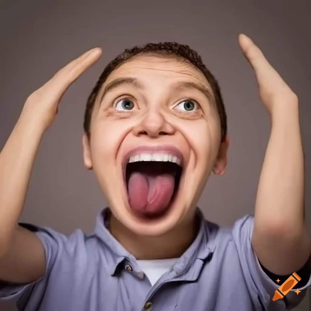 Smiling person with hands spread out and sticking out tongue on Craiyon