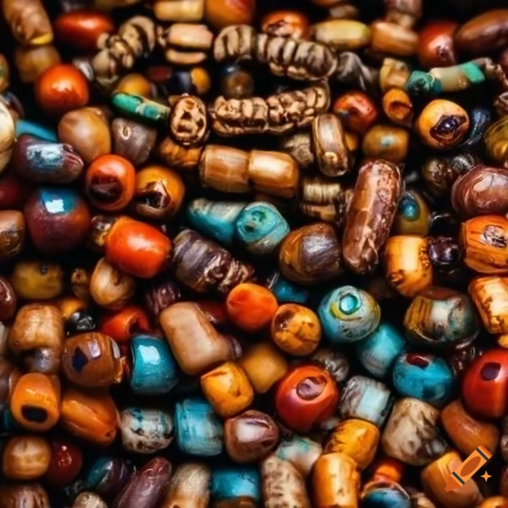Tribal beads falling onto a collection of beads on Craiyon