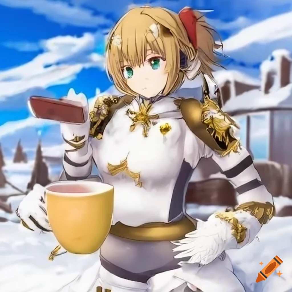 Anime character Aigis in a peaceful winter setting enjoying hot cocoa ...