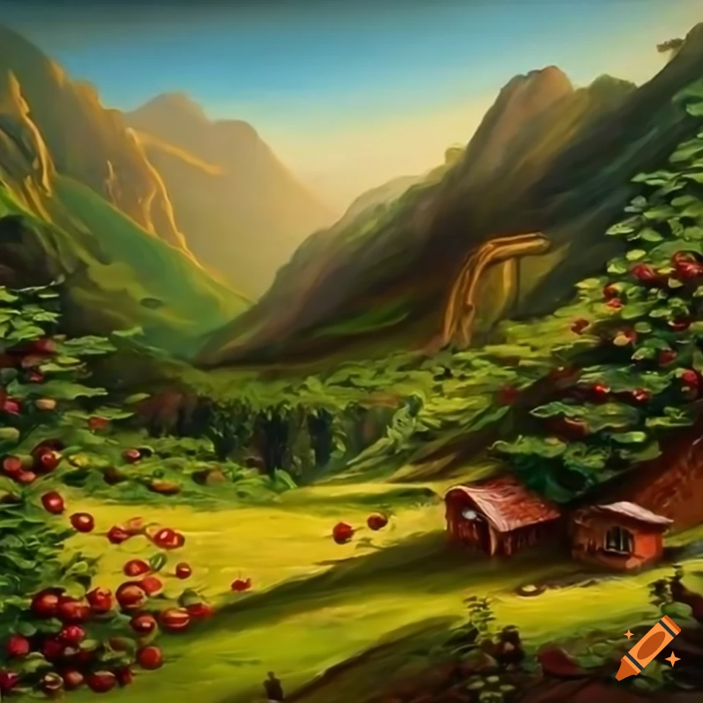 Oil painting of coffee plantations in the mountainside on Craiyon