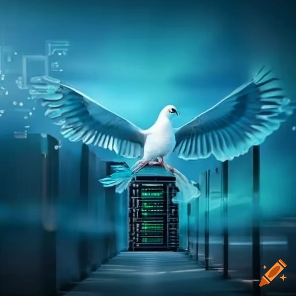 Serene dove flying over computer servers in a tech environment on Craiyon