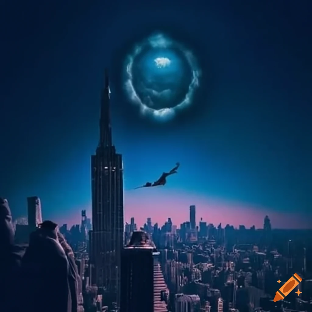 Person falling out of a portal over new york city on Craiyon