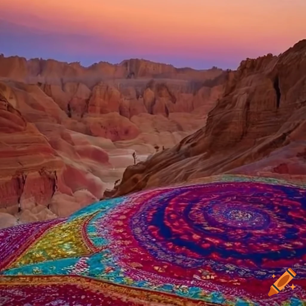 Colorful magic carpet flying over a middle eastern landscape on Craiyon