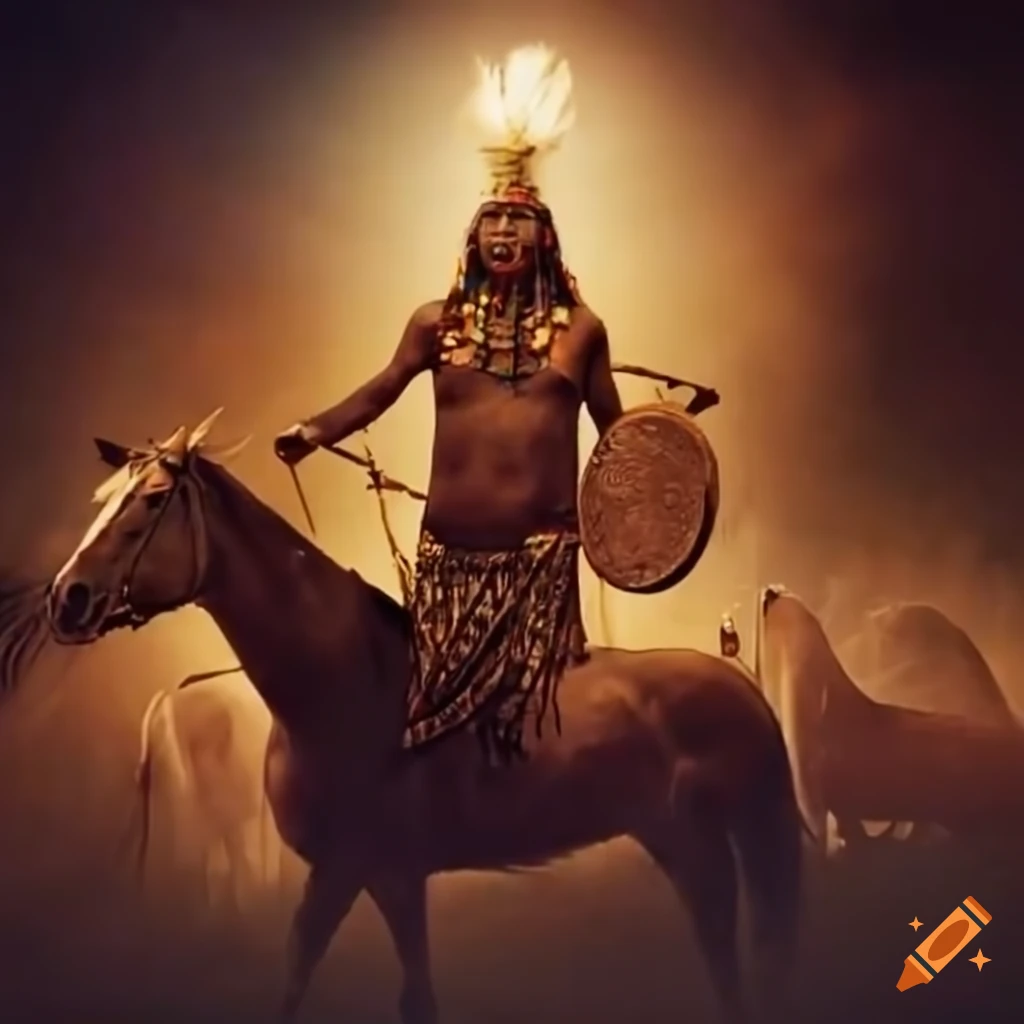 Native shaman drumming in mystical ritual with horses around on Craiyon