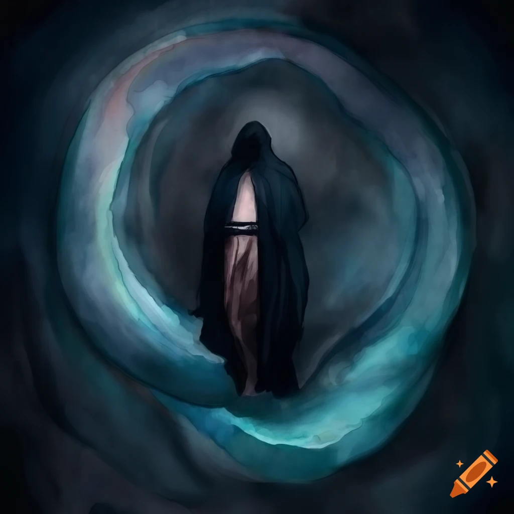 Male in a falling cloak into a swirling dark abyss, watercolor style on ...