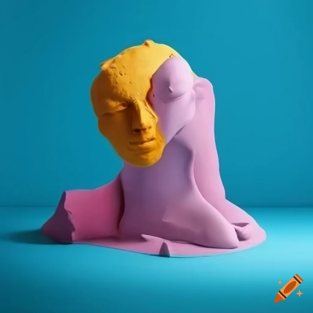 Surreal clay statue with floating shapes in primary colors on Craiyon