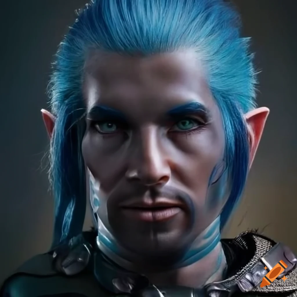 Portrait of an elven male punk warrior in intricately designed leather ...