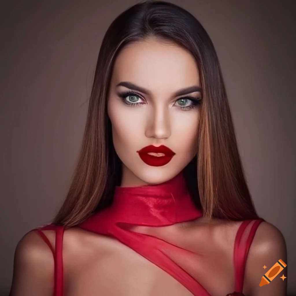 Brunette with captivating eyes in elegant red lipstick and evening gown on Craiyon