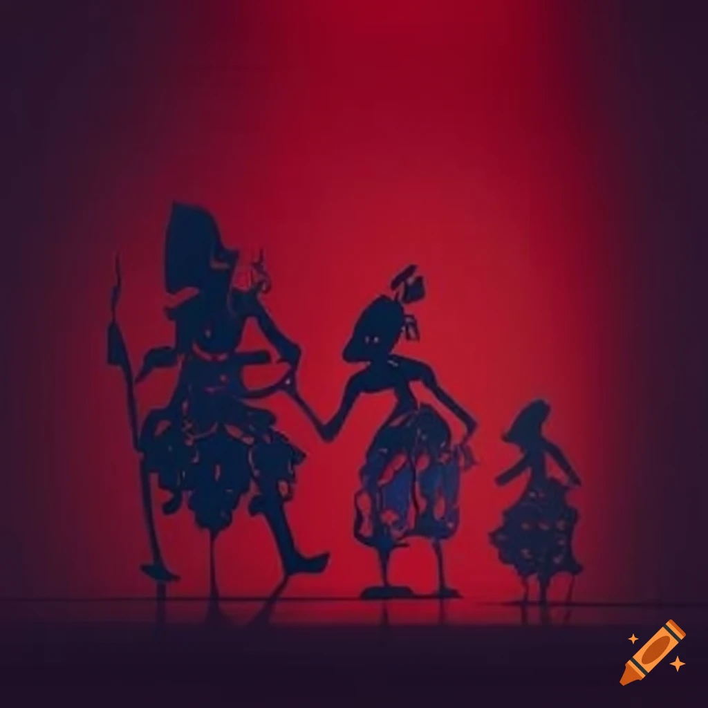 Shadow puppet theater with oriental characters on a blue and red ...