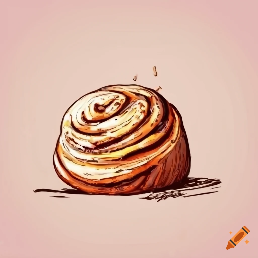 Freshly baked cinnamon roll with rising steam in a hand-drawn sketch on ...