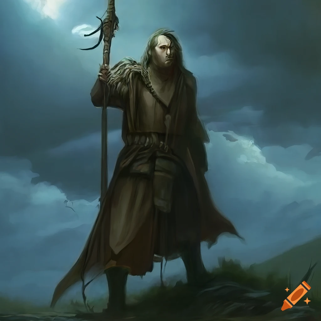 Lone warrior with a spear under stormy skies in fantasy art by Ted ...