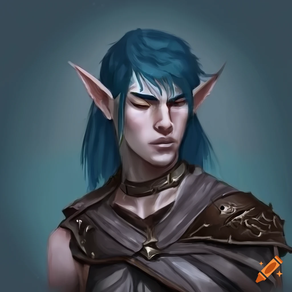 Male warrior elf with dark blue hair and wild attitude on Craiyon
