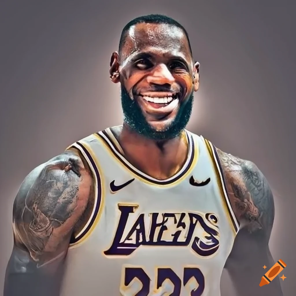 Portrait of smiling LeBron James with luminous eyes in white background ...