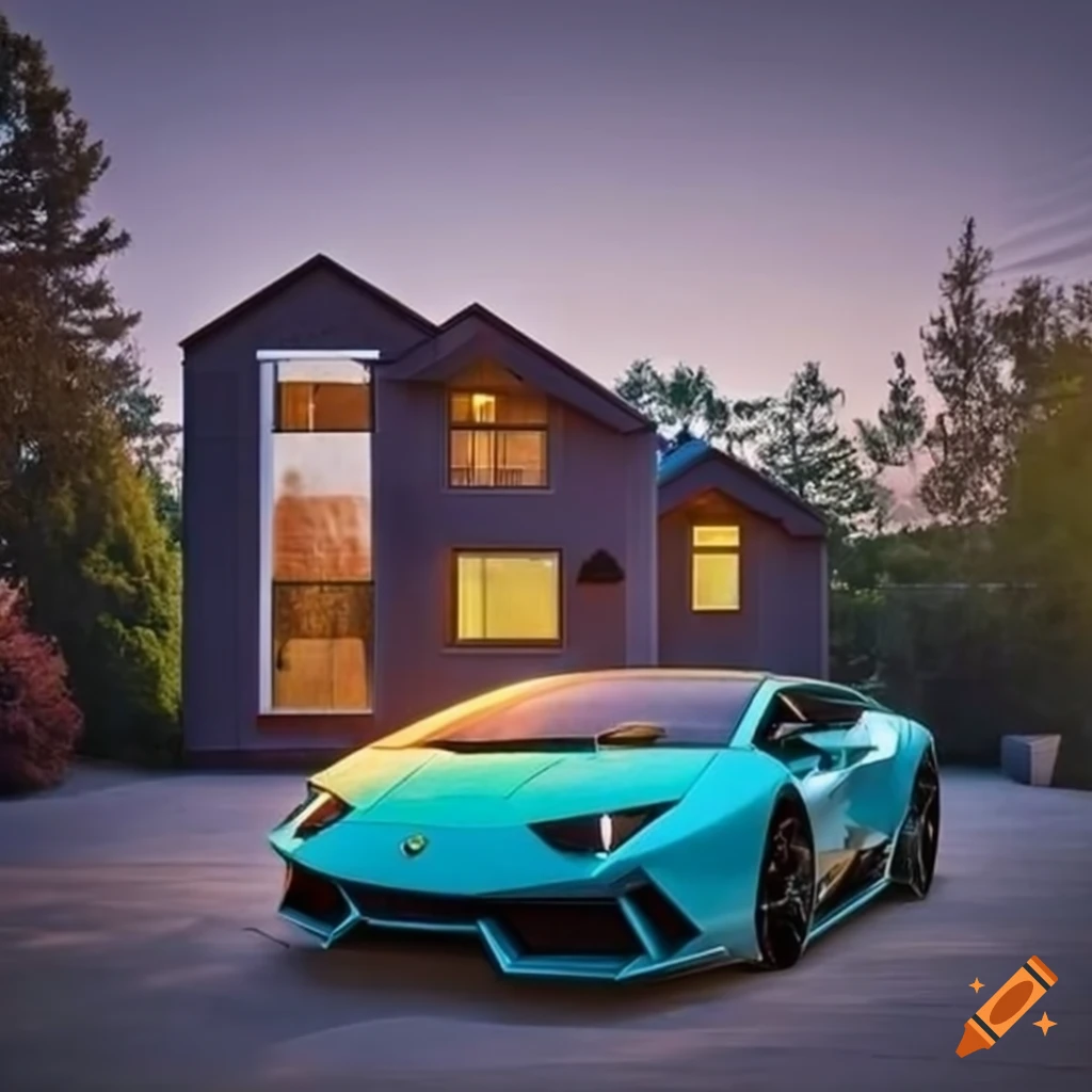 Luxury home with a Lamborghini on the driveway and outdoor gym on Craiyon