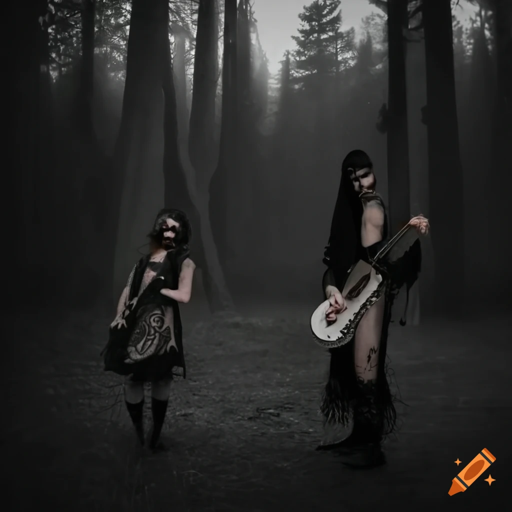 Mythical and religious figures playing mystical instruments in a gothic ...