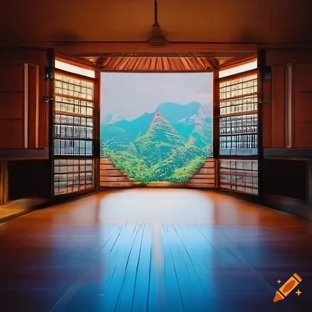 Interior view of a traditional martial arts dojo in the mountains with ...