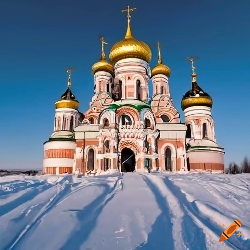 Russian cathedral with multicolored ribbons in a winter landscape on ...