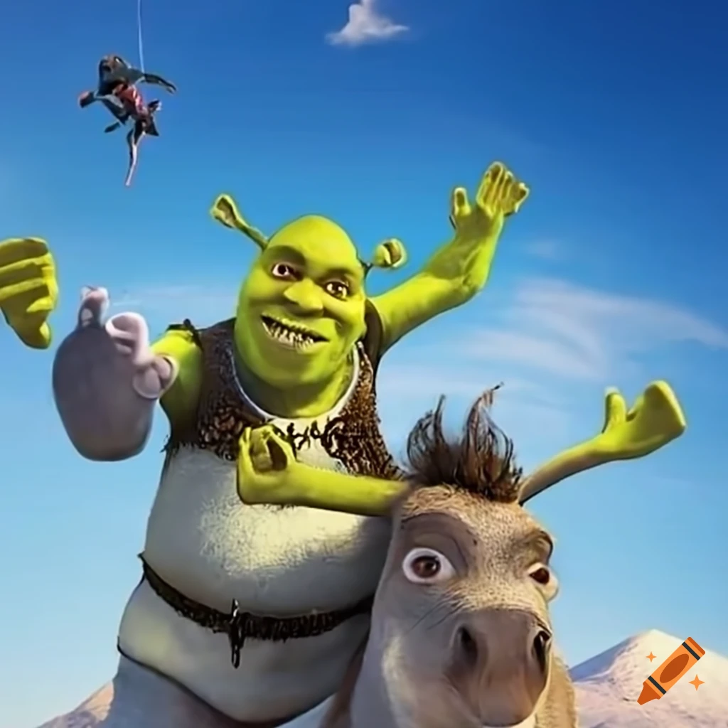 Shrek skydiving with his donkey partner under clear skies on Craiyon
