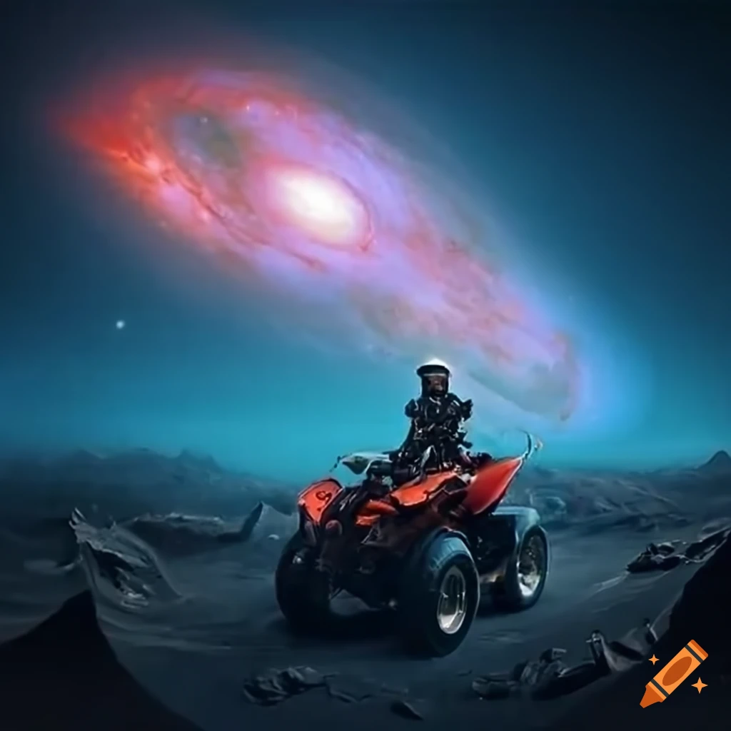 Futuristic quad bike exploring alien terrain with distant galaxies and ...