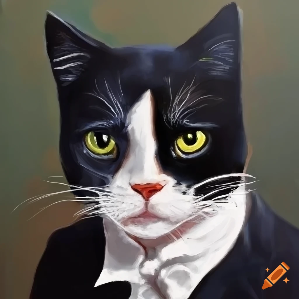 Tuxedo cat wearing a paisley ascot in a social setting on Craiyon