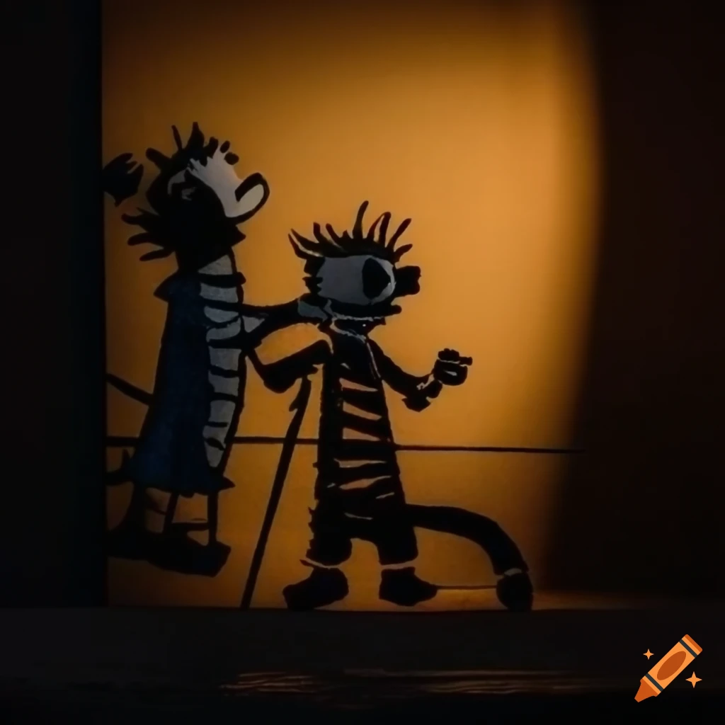 Shadow puppet theater of calvin and hobbes on a blue wood background on Craiyon