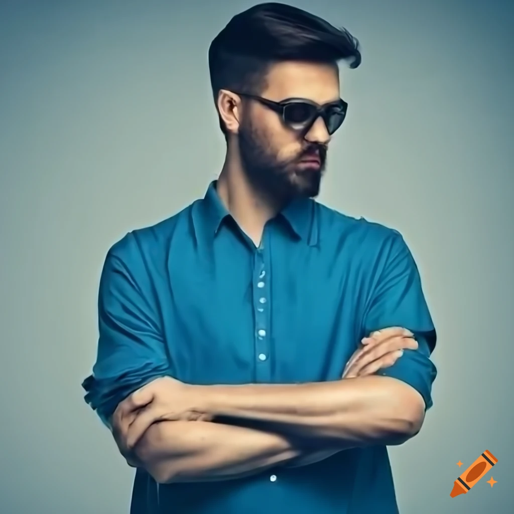 Attractive man with good personality and lean body in blue shirt and ...