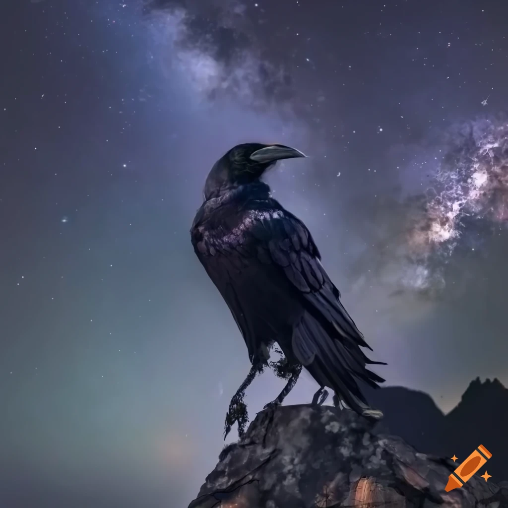 Raven on mountain under heavenly light sky with dark clouds and stars ...