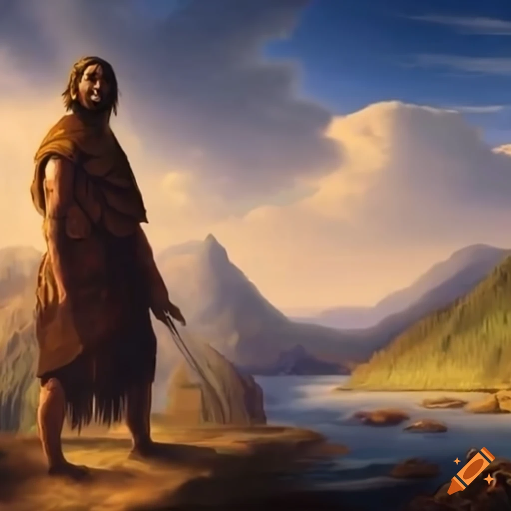 Two hills separated by a river with giant humans standing on them on ...