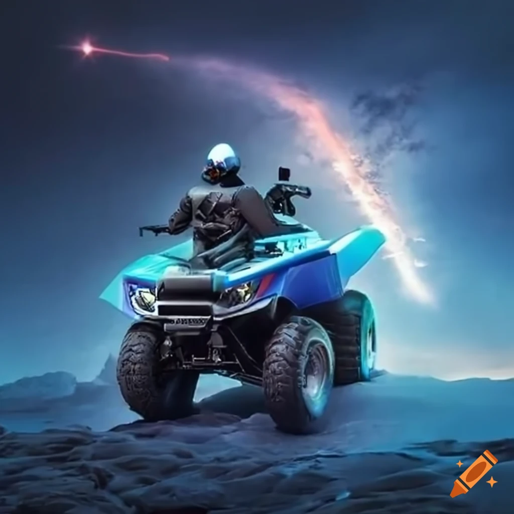 Quad bike in a futuristic space with high technology and a rocket on ...