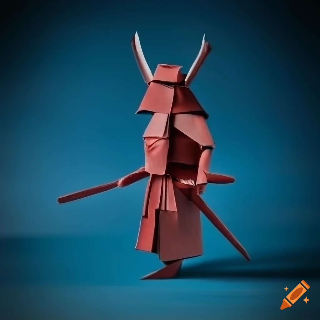 Origami samurai in high poly style on a blue wood background on Craiyon