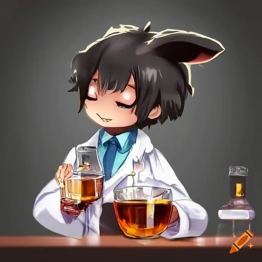 Chibi black rabbit boy in lab coat doing scientific experiments on Craiyon