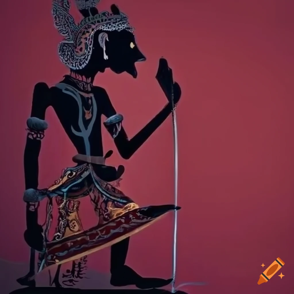 Shadow puppet theater with oriental characters on a blue and crimson ...