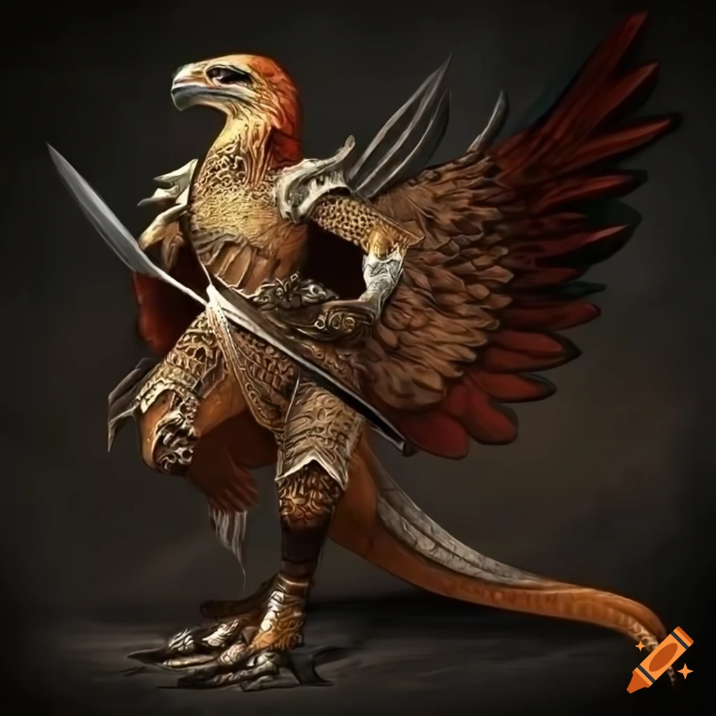 Feathered Raptor in ancient leather armor with ornate swords on Craiyon