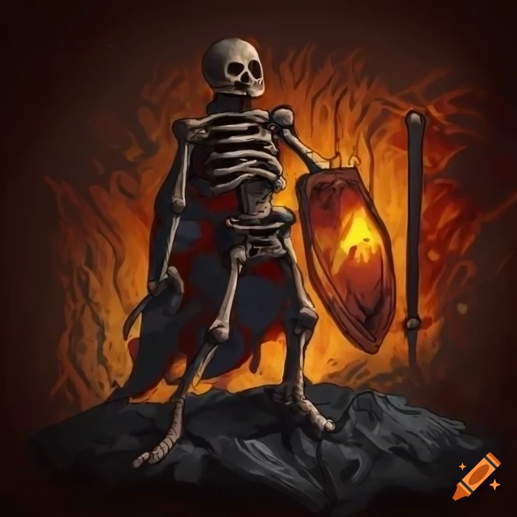 D&D skeleton in a cave with lava holding a sword and shield on Craiyon