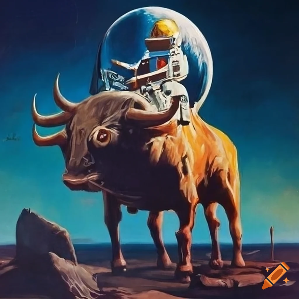 Astronaut riding a bull on the moon in a 70s pulp art style on Craiyon