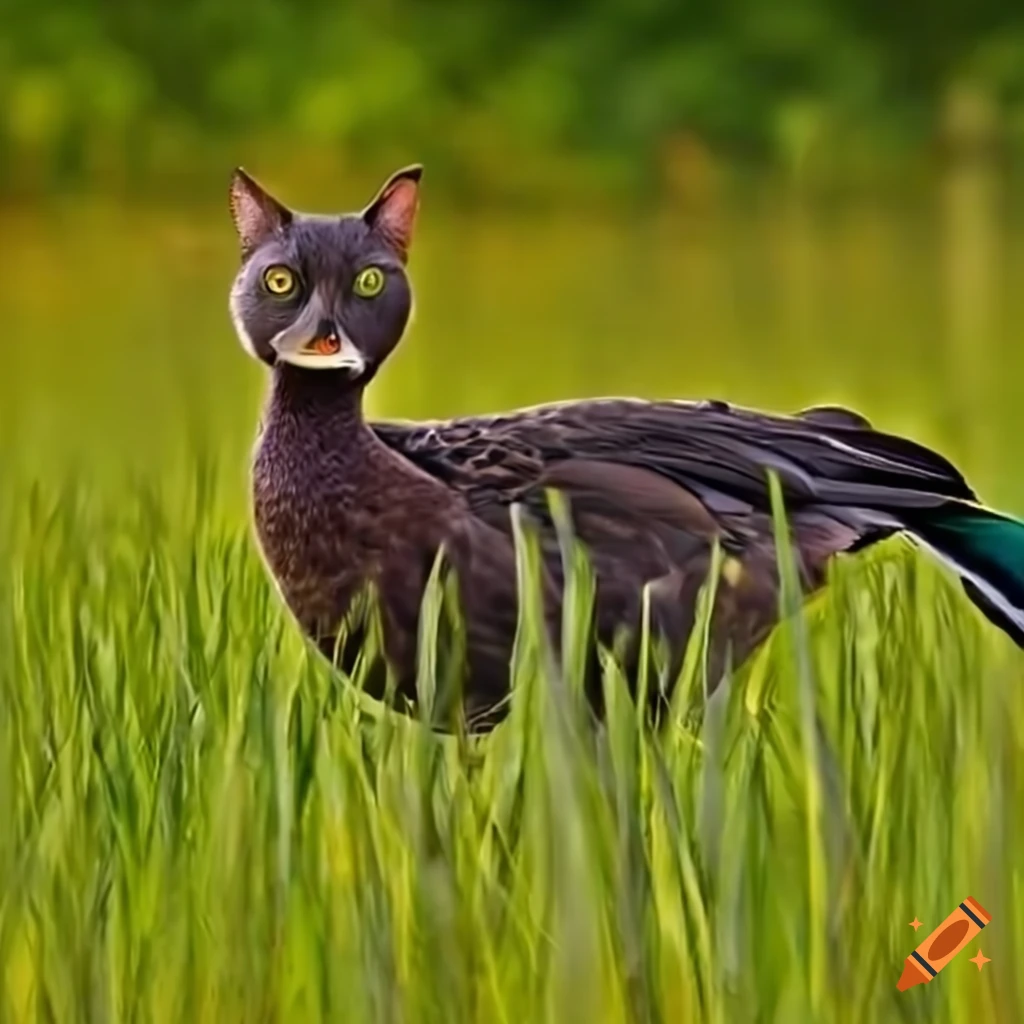 Surreal cat-duck hybrid on a marshy meadow with webbed feet on Craiyon