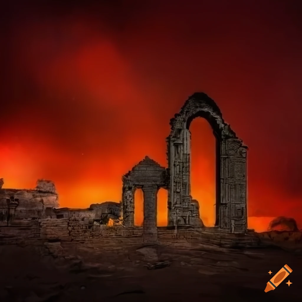 Detailed view of fiery underworld landscape with old ruins on Craiyon