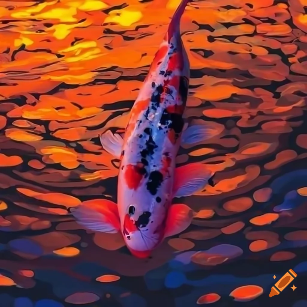 Stunning sunset with vibrant colors and detailed koi fish swimming in ...