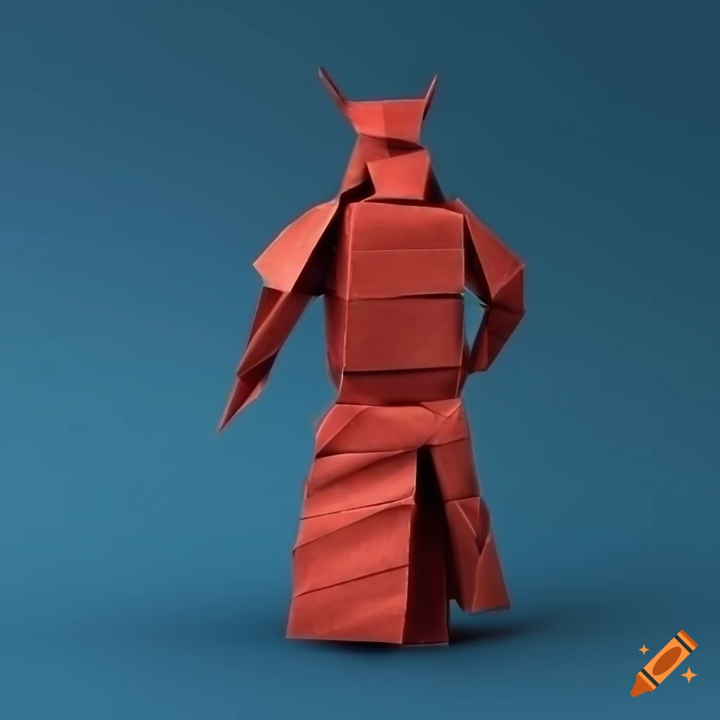 Origami high poly samurai on a blue wood background on Craiyon