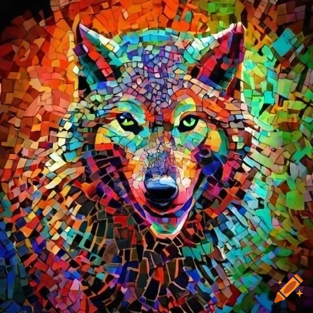 Vibrant mosaic artwork of a fierce mythical wolf on Craiyon