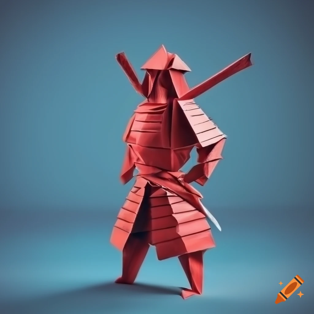 Samurai origami in high poly style on a blue wood background on Craiyon