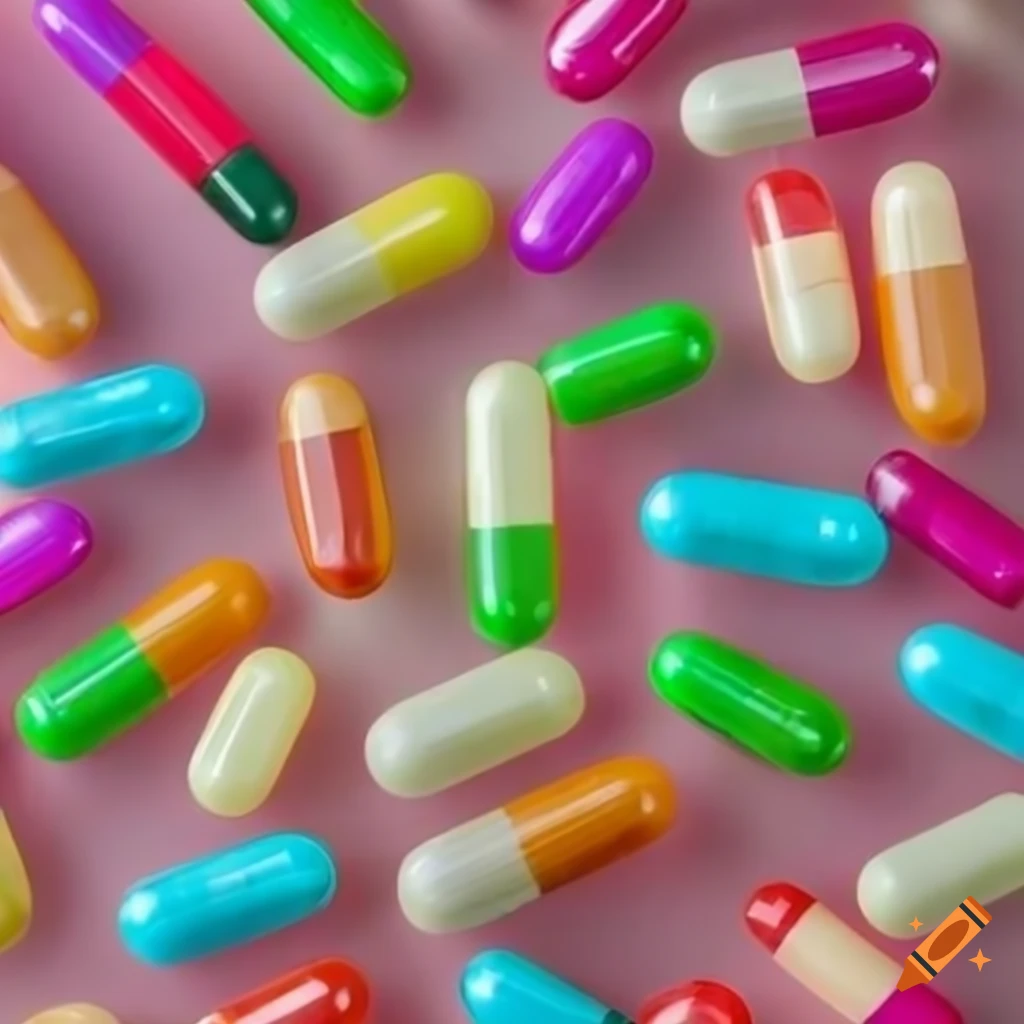 Colorful vitamins in capsules on white background on Craiyon