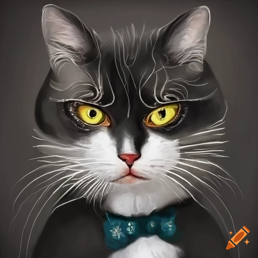 Painting of a tuxedo cat with a paisley ascot in a social setting on ...